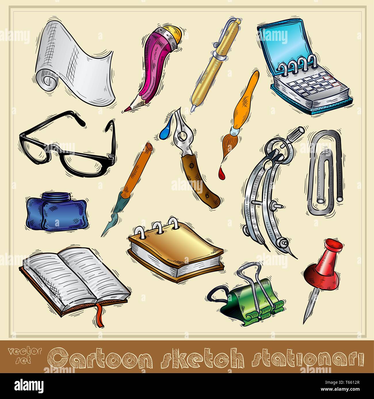 set of different stationary in cartoon sketch style Stock Vector Image ...