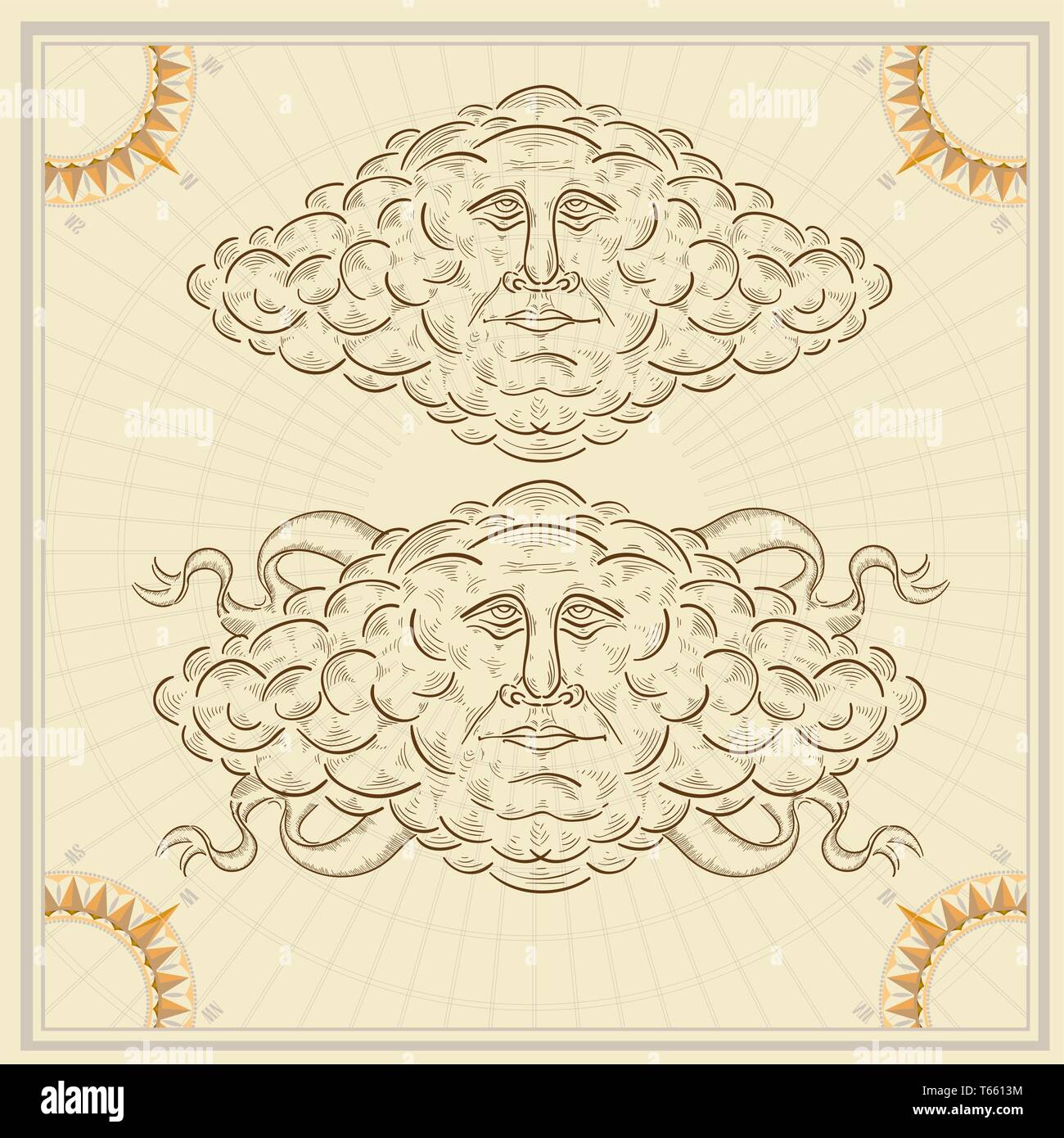 Abstract face inside of cloud. Vintage element of old map in engraving ...