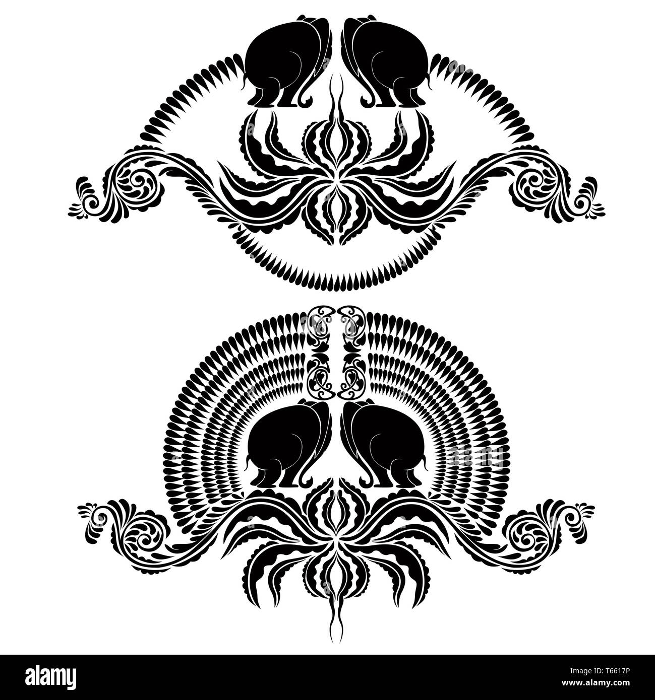 two heraldic banners with elephant silhouette on lotus pattern Stock ...