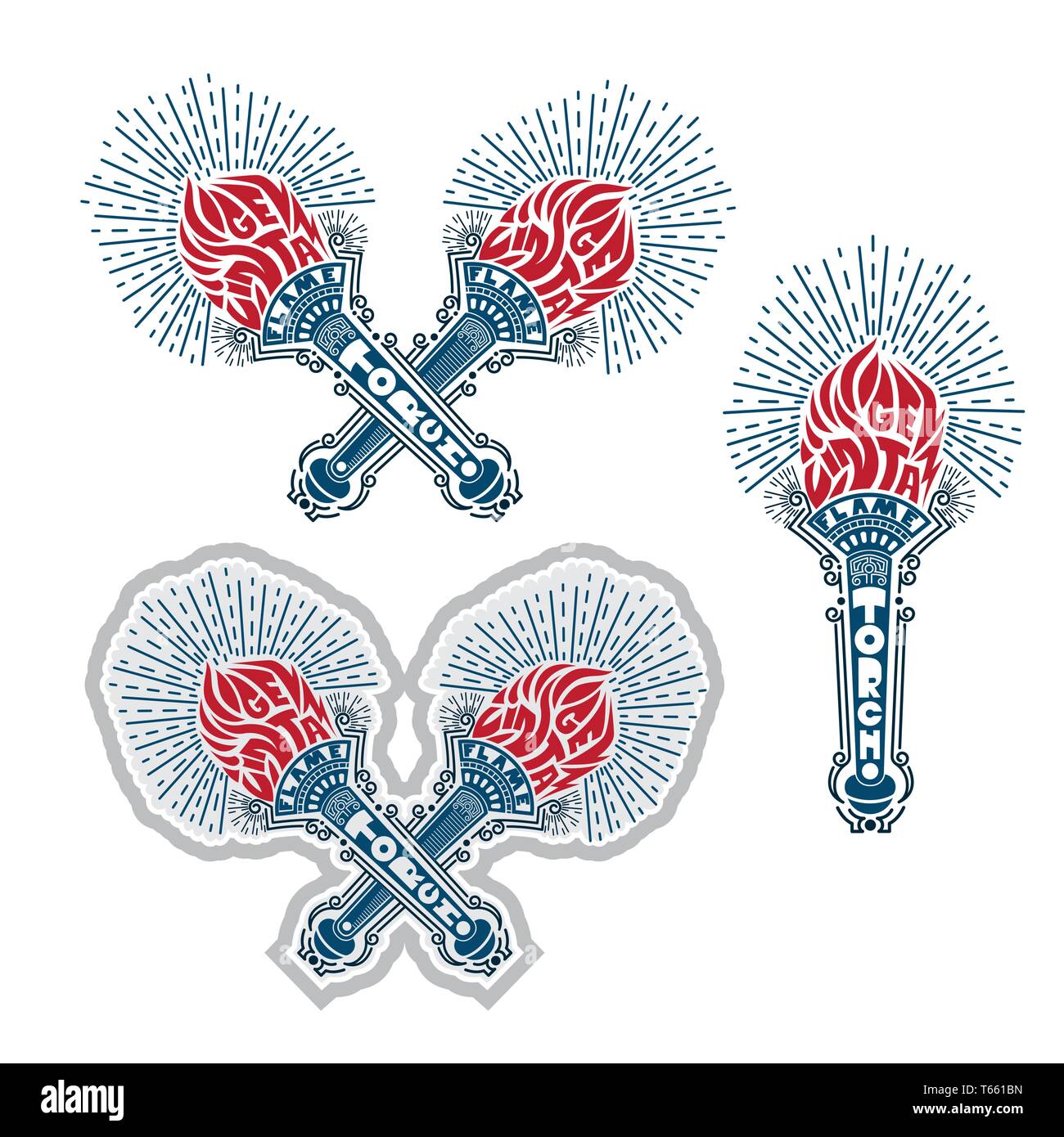 Set of crossed torches in engraving line style isolated red and blue ...