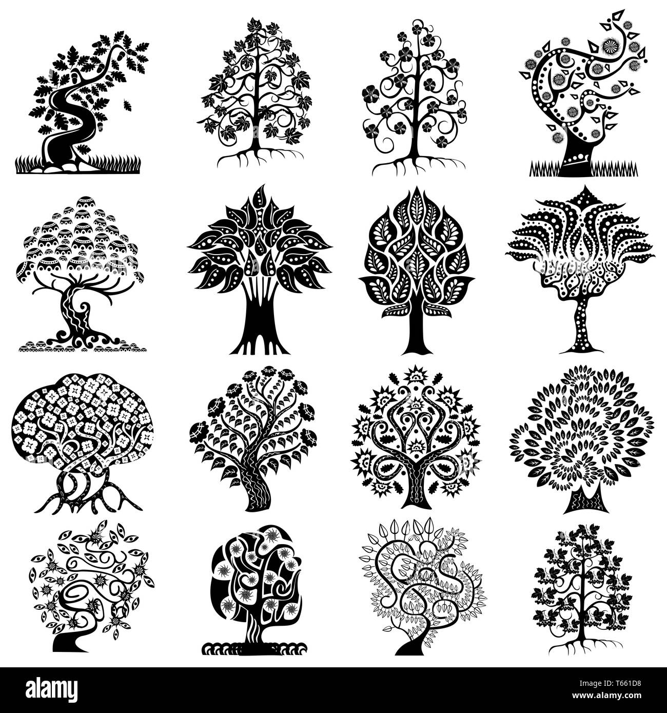 Big set of abstract silhouettes of fictional trees on white Stock ...