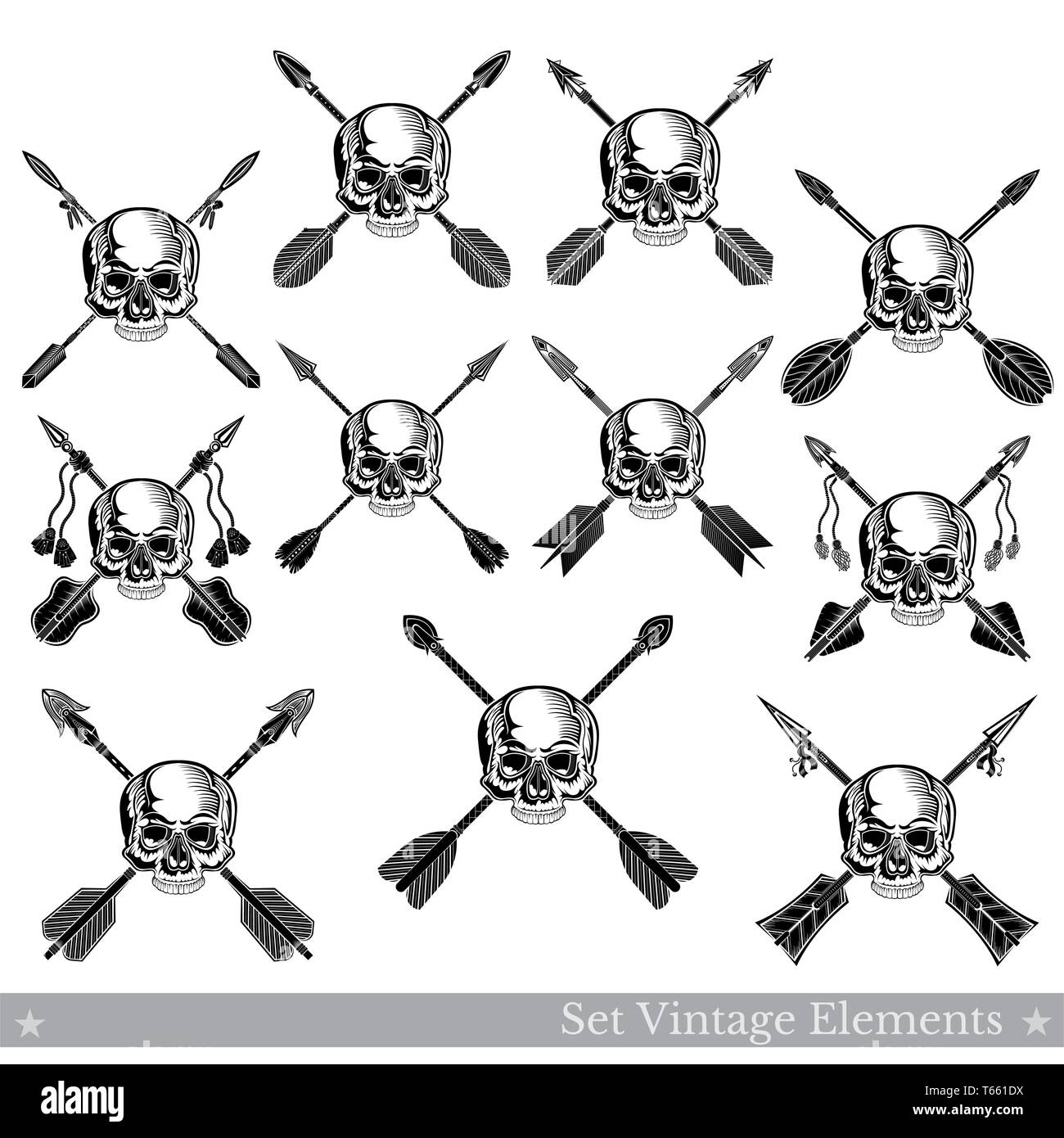 Set of front view skulls without lower jaw with different crossed ...