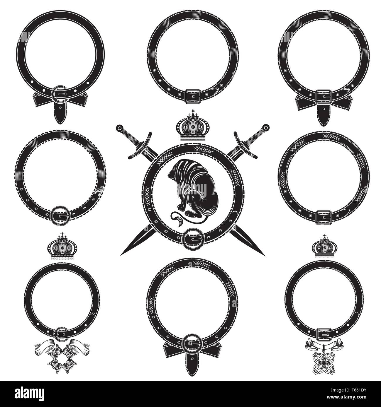 Set of royal elements from different round belts. Heraldic vintage ...
