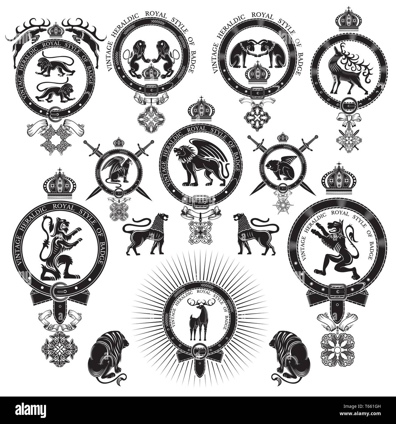 Set of vintage royal elements from belt with medal and animal inside ...