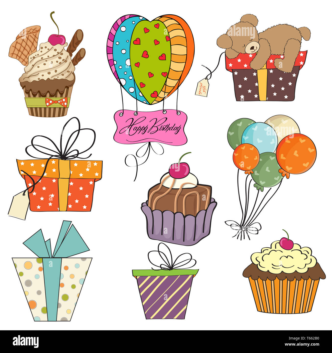 birthday items collection on white background Stock Photo - Alamy