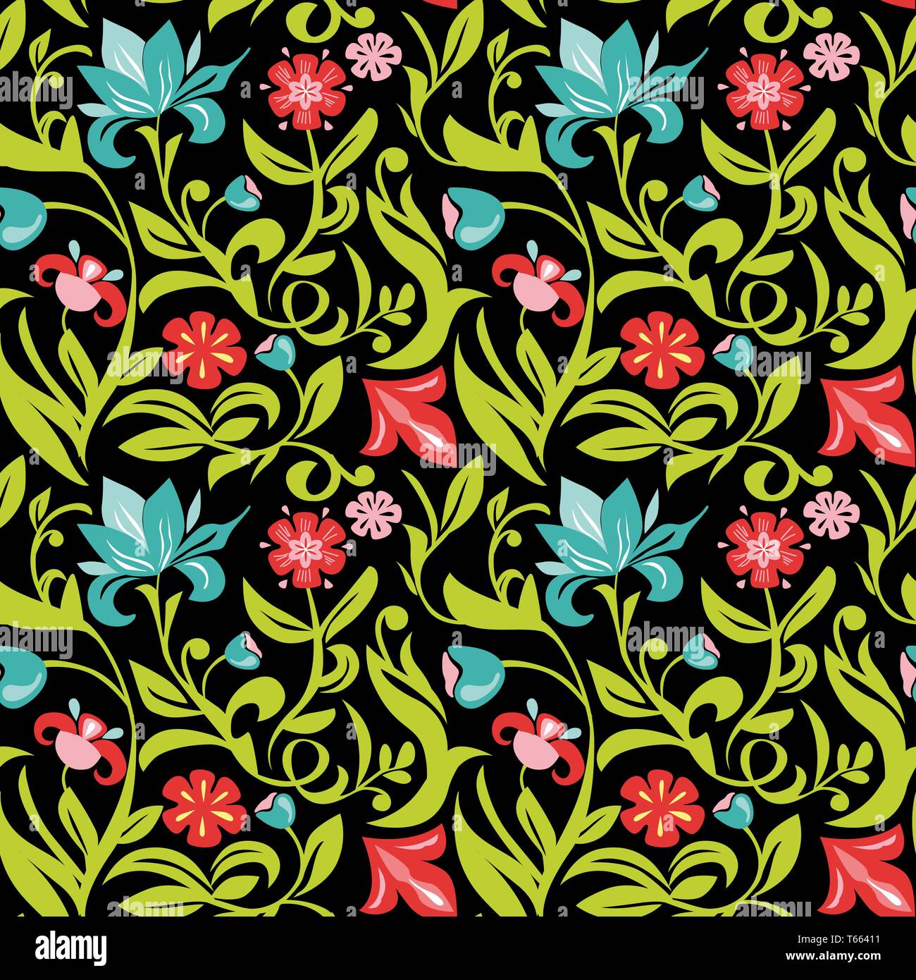 seamless floral pattern black background with green leaves Stock Vector ...