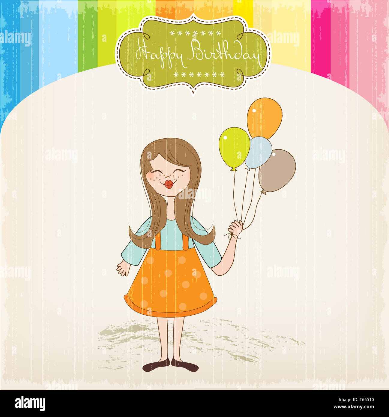 Funny girl with balloon, birthday greeting card Stock Photo - Alamy