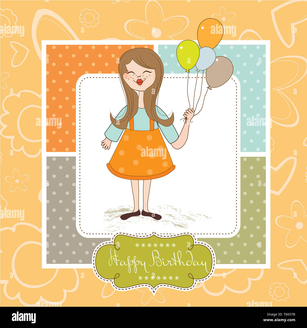 Funny girl with balloon, birthday greeting card Stock Photo - Alamy