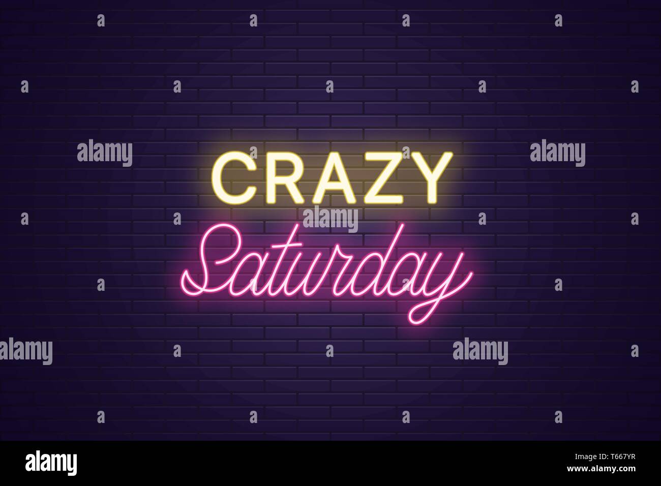 Neon composition of headline Crazy Saturday. Glowing Neon text Crazy ...
