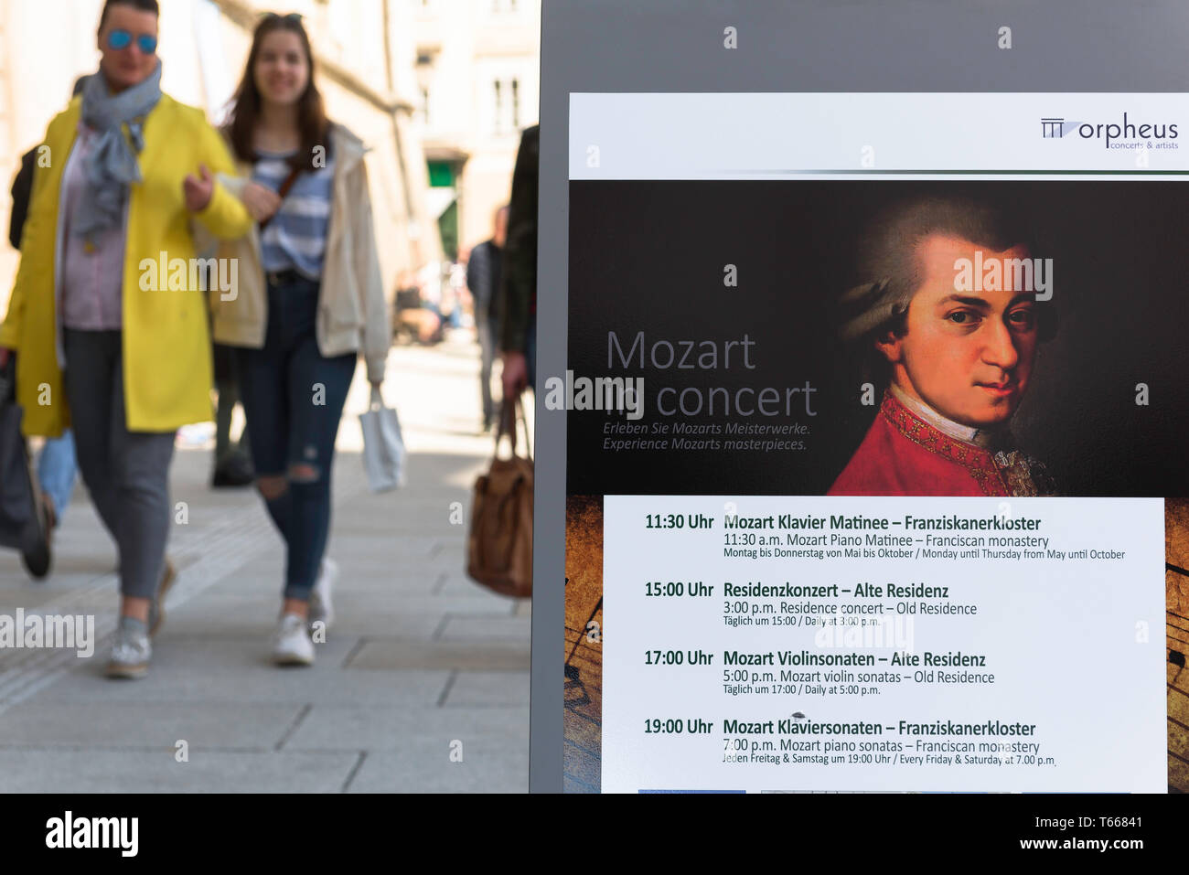Mozart Austria, view of a display board advertising a concert of Mozart ...