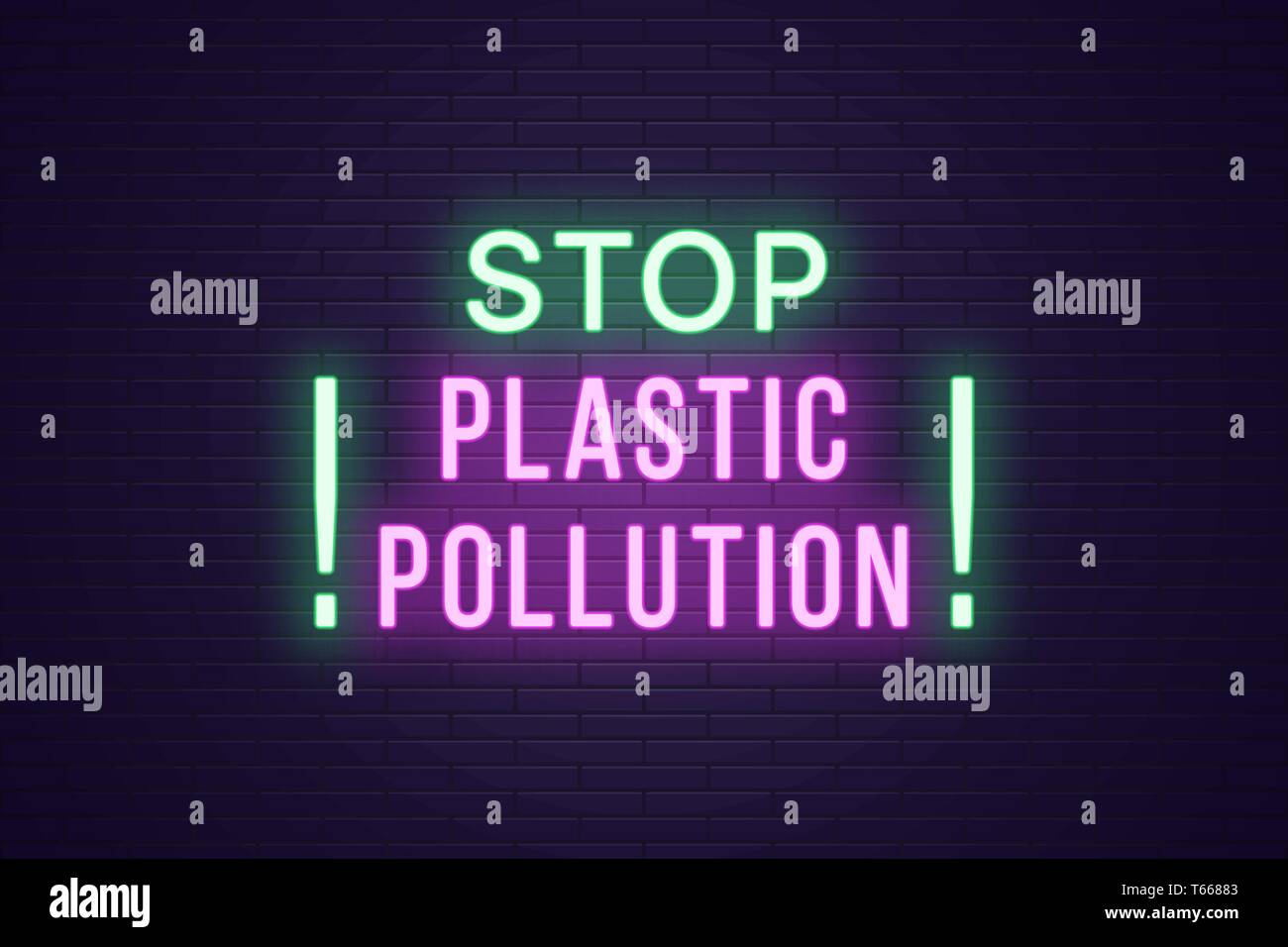 Neon composition of headline Stop Plastic Pollution. Glowing Neon text ...