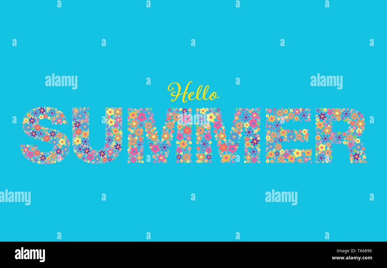 Banner with phrase Hello Summer written in floral typeface on sky blue ...