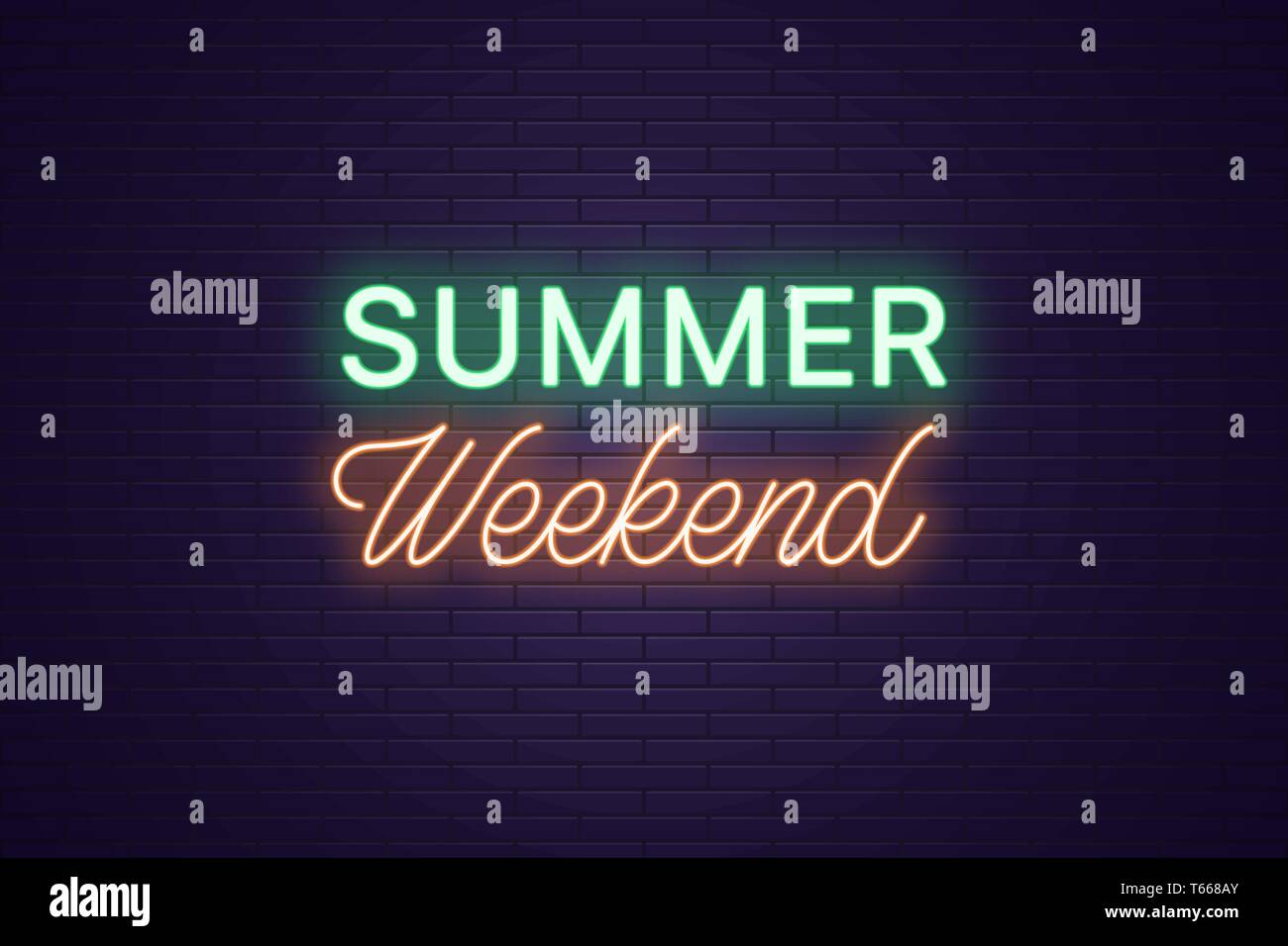 Neon composition of headline Summer Weekend. Glowing Neon text Summer ...