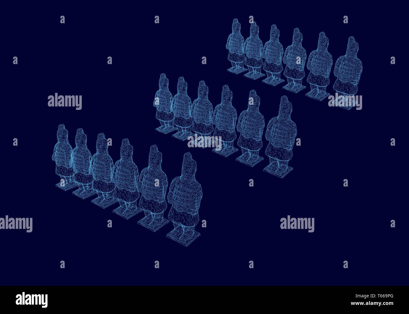 Set with wireframes of terracotta warriors. 3D. Vector illustration ...