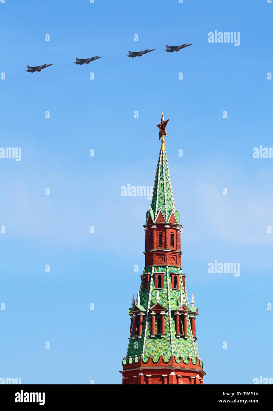 Combat aircraft of the russian Air Force flying over the Moscow Kremlin ...