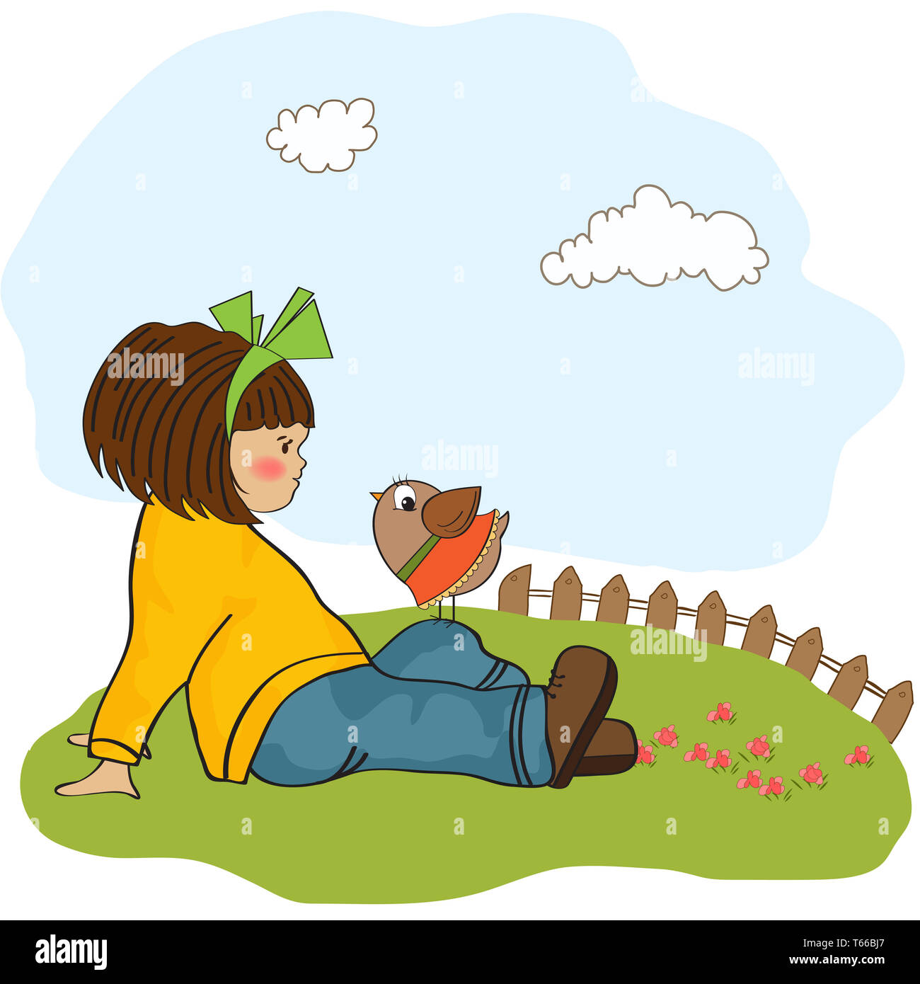 cute young girl talking to little bird Stock Photo - Alamy