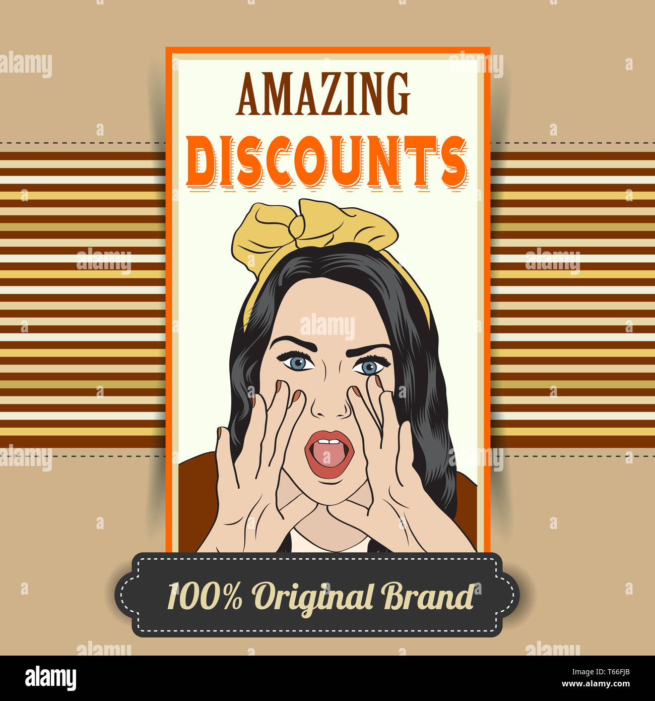 retro illustration of a beautiful woman and amazing discounts message ...