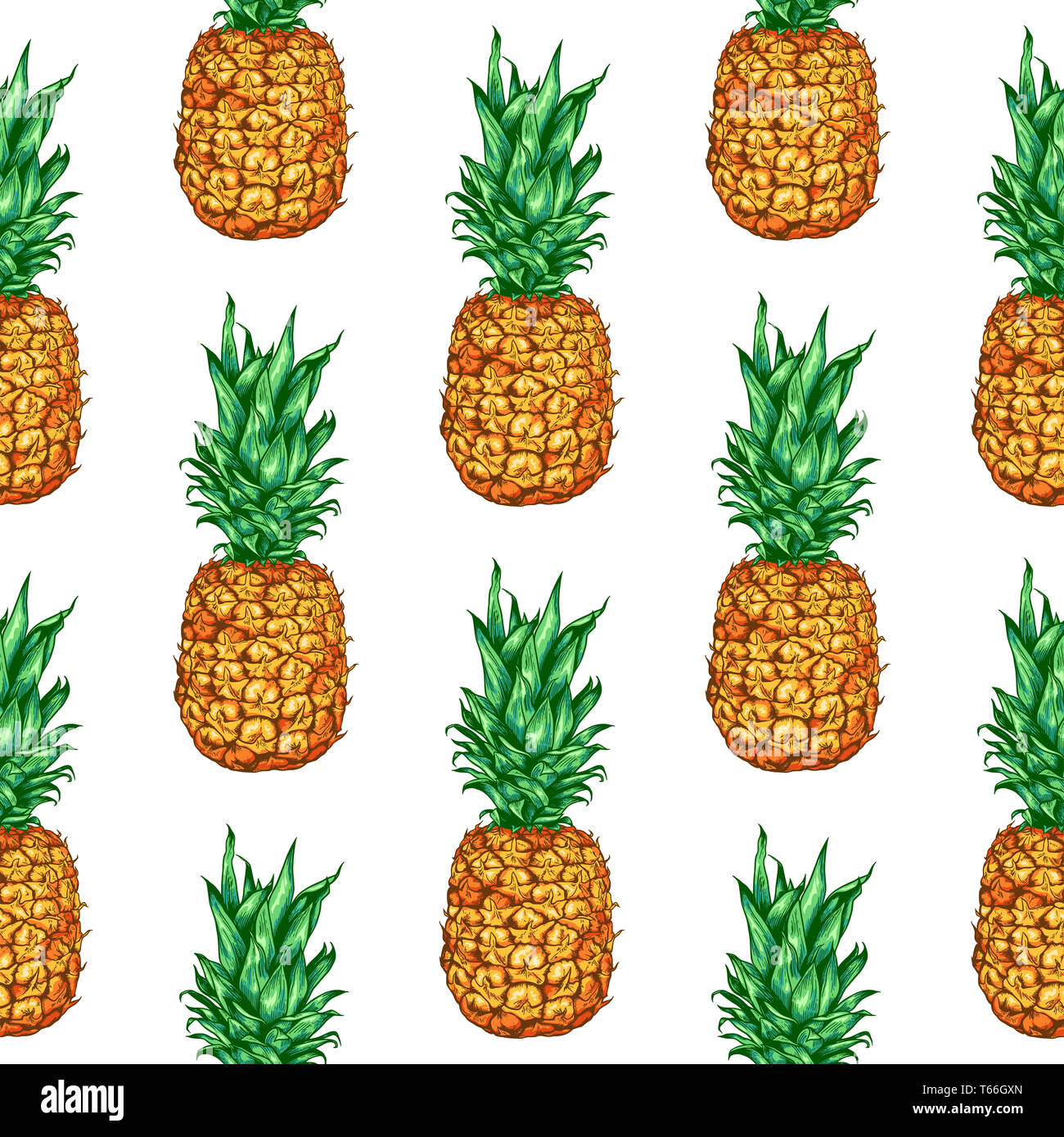 Hand drawn tropical seamless pattern with pineapple on a white ...