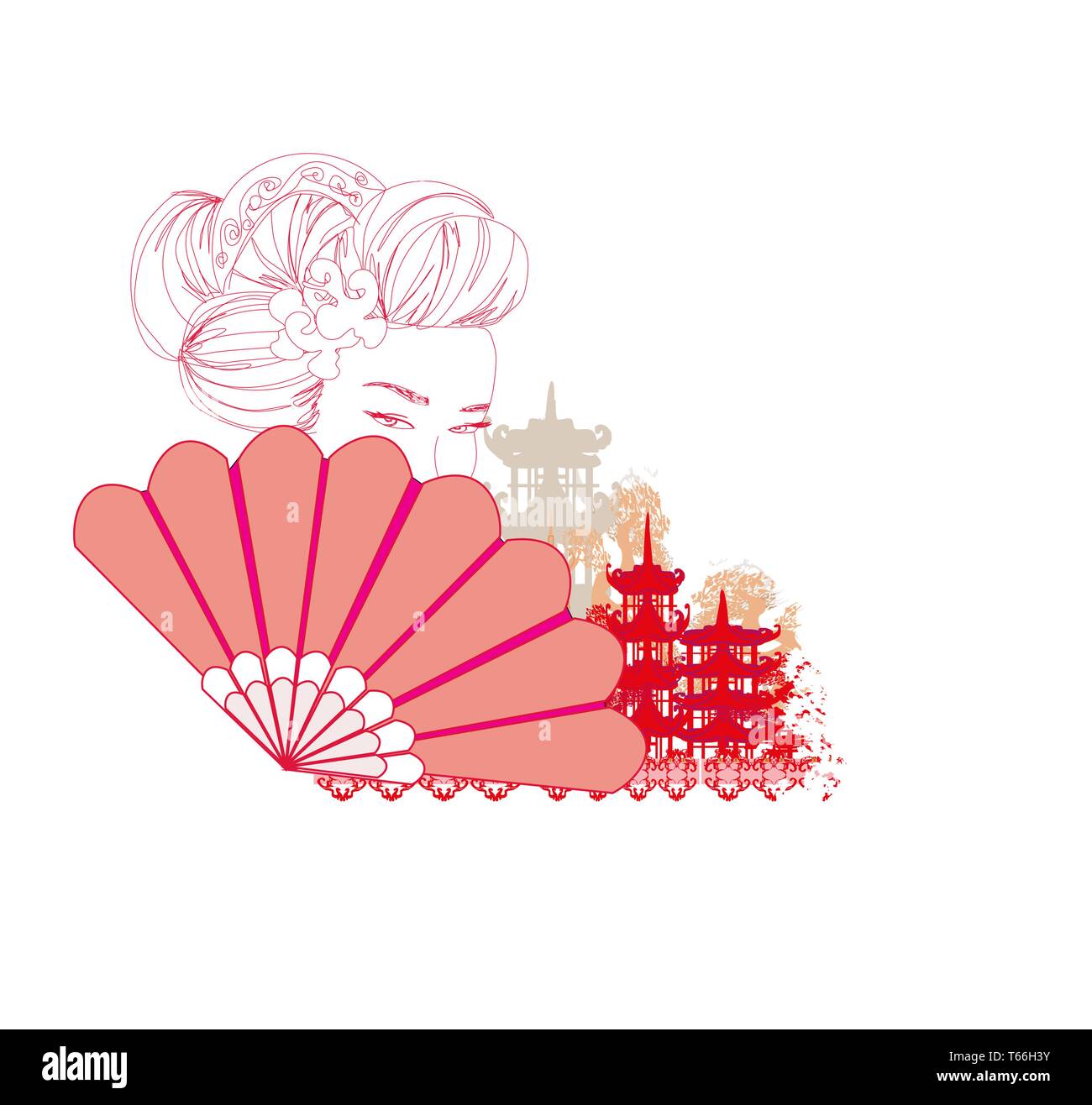 Asian girl holding traditional fan - abstract card Stock Vector Image ...