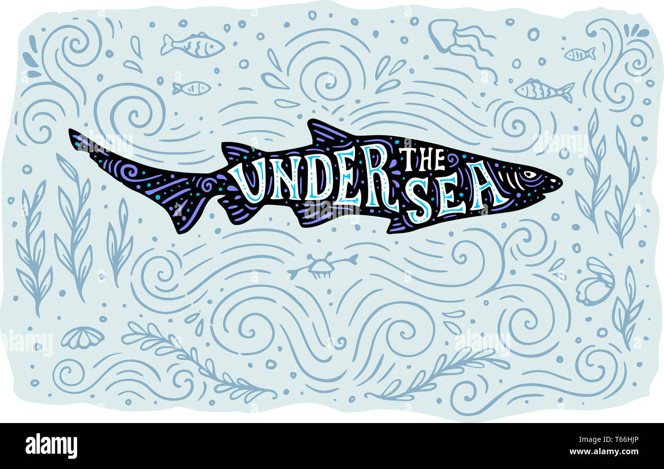 Black silhouette of shark on a blue marine background and lettering ...