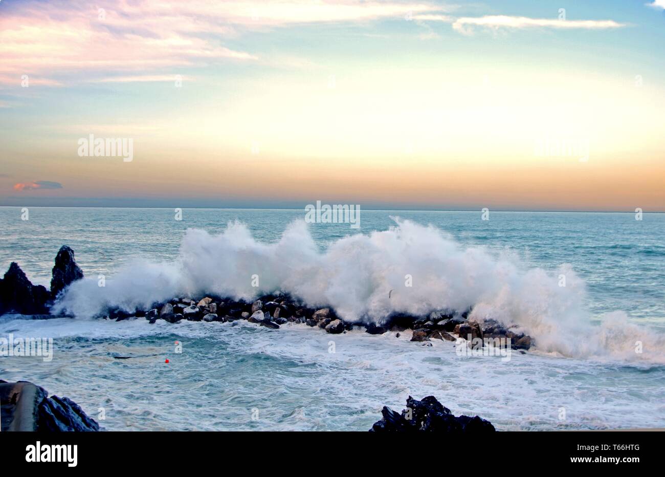 Landscape of Cinque terre, five lands at dawn from the terrace of ...