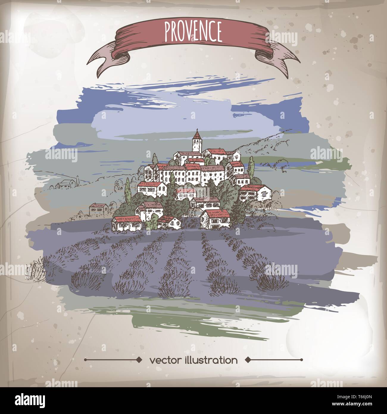 Vintage travel illustration with Provence town, lavender field, hill ...