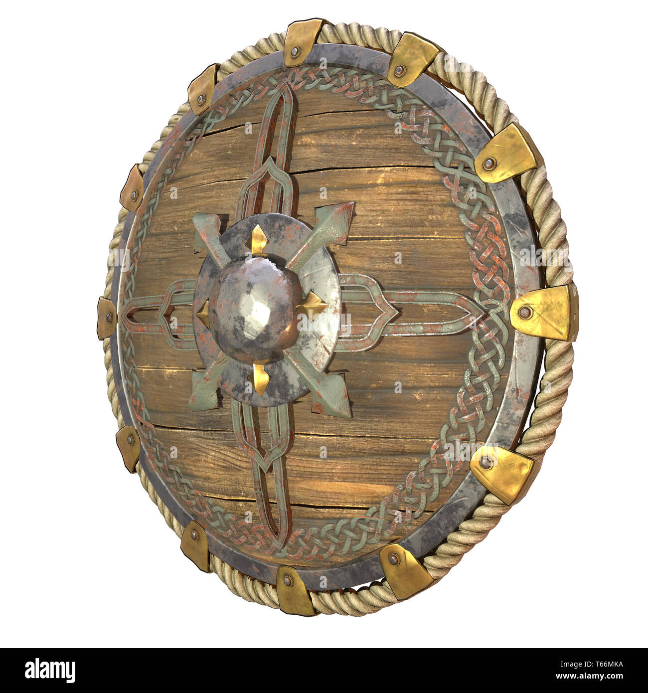 Round fantasy wooden shield with iron inserts on an isolated white ...