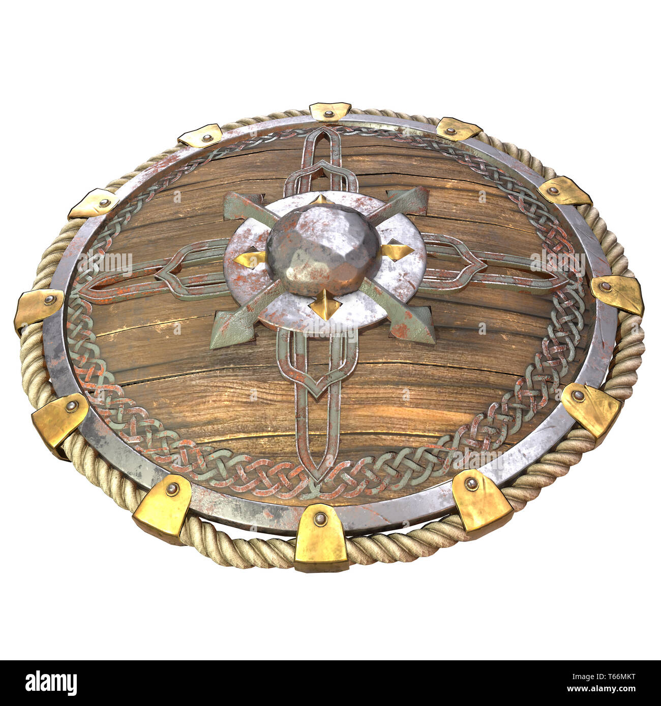 Round fantasy wooden shield with iron inserts on an isolated white ...
