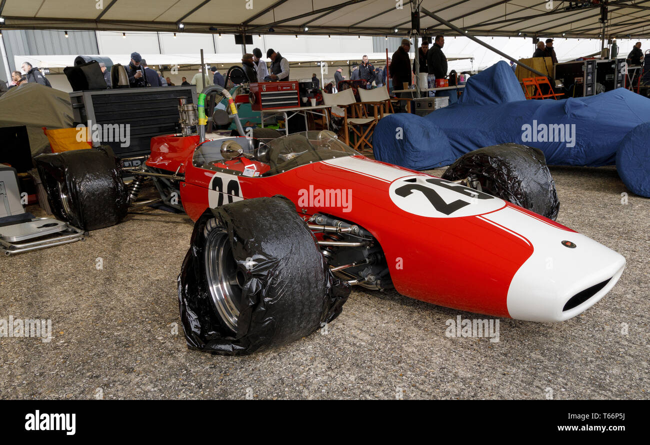 1967 Brabham-Ford BT21 in the paddock with new, still wrapped, wheels ...