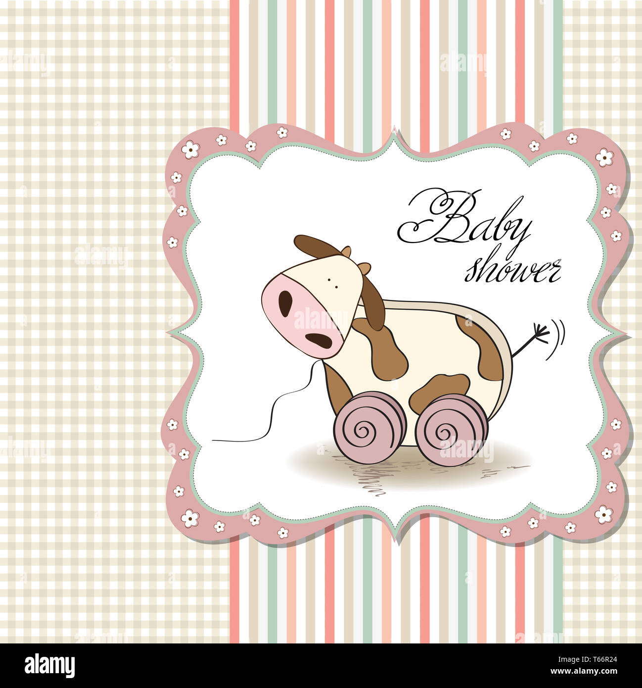 Baby shower card with cute cow toy Stock Photo - Alamy