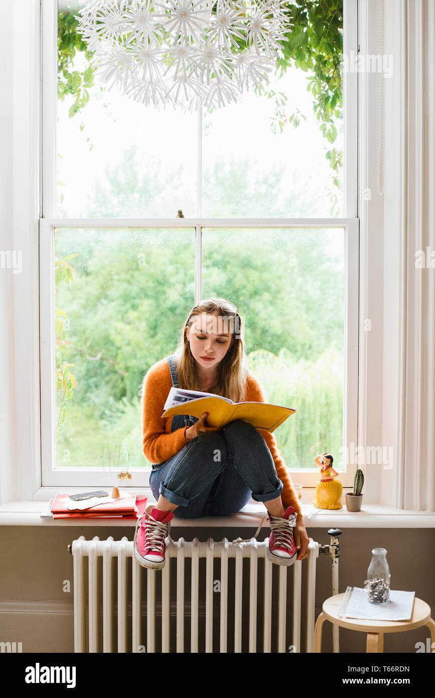 Focused young female college student studying in window Stock Photo - Alamy