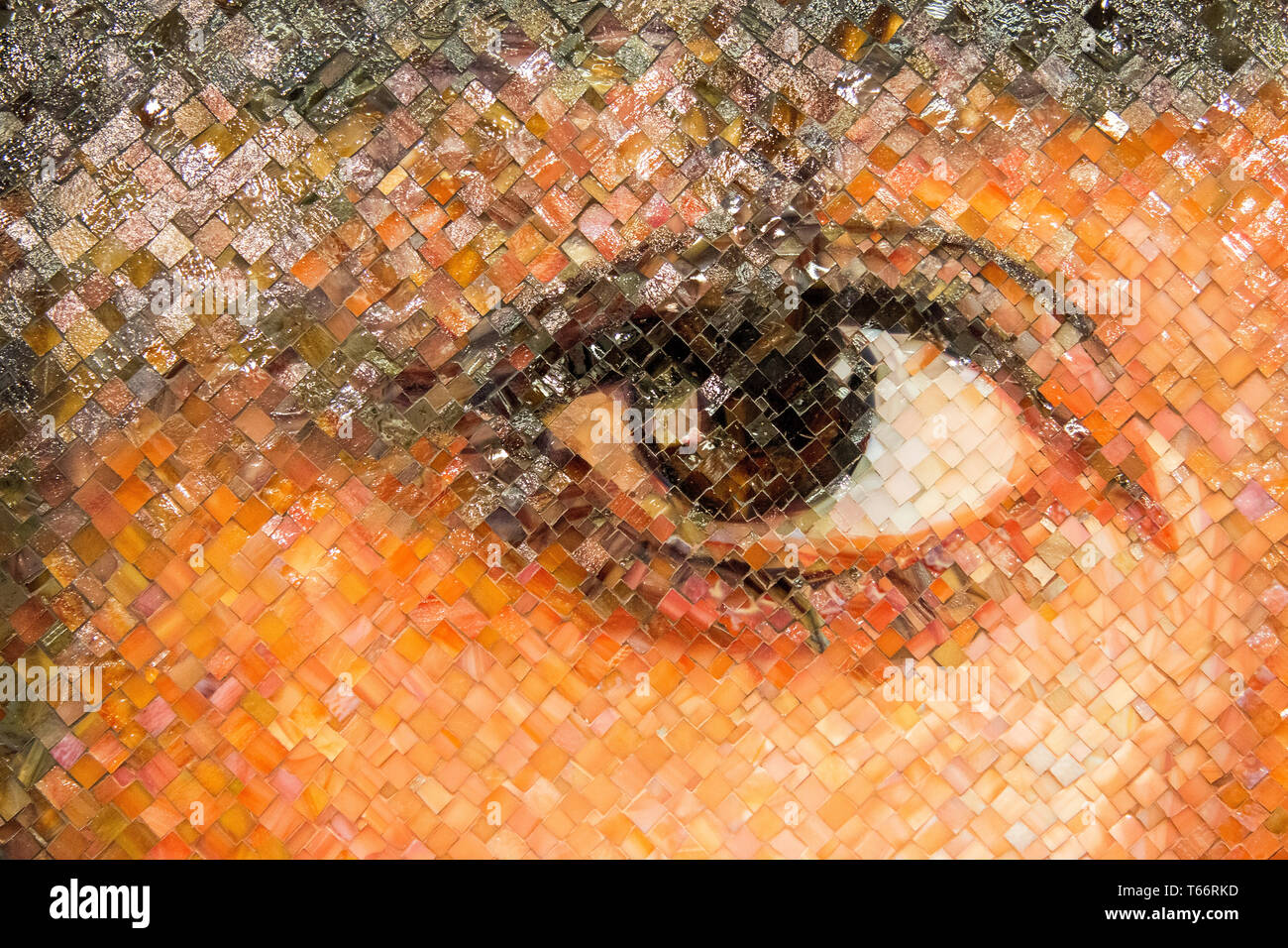 Detail of a mosaic mural of Sienna Shields by artist Chuck Close on the ...