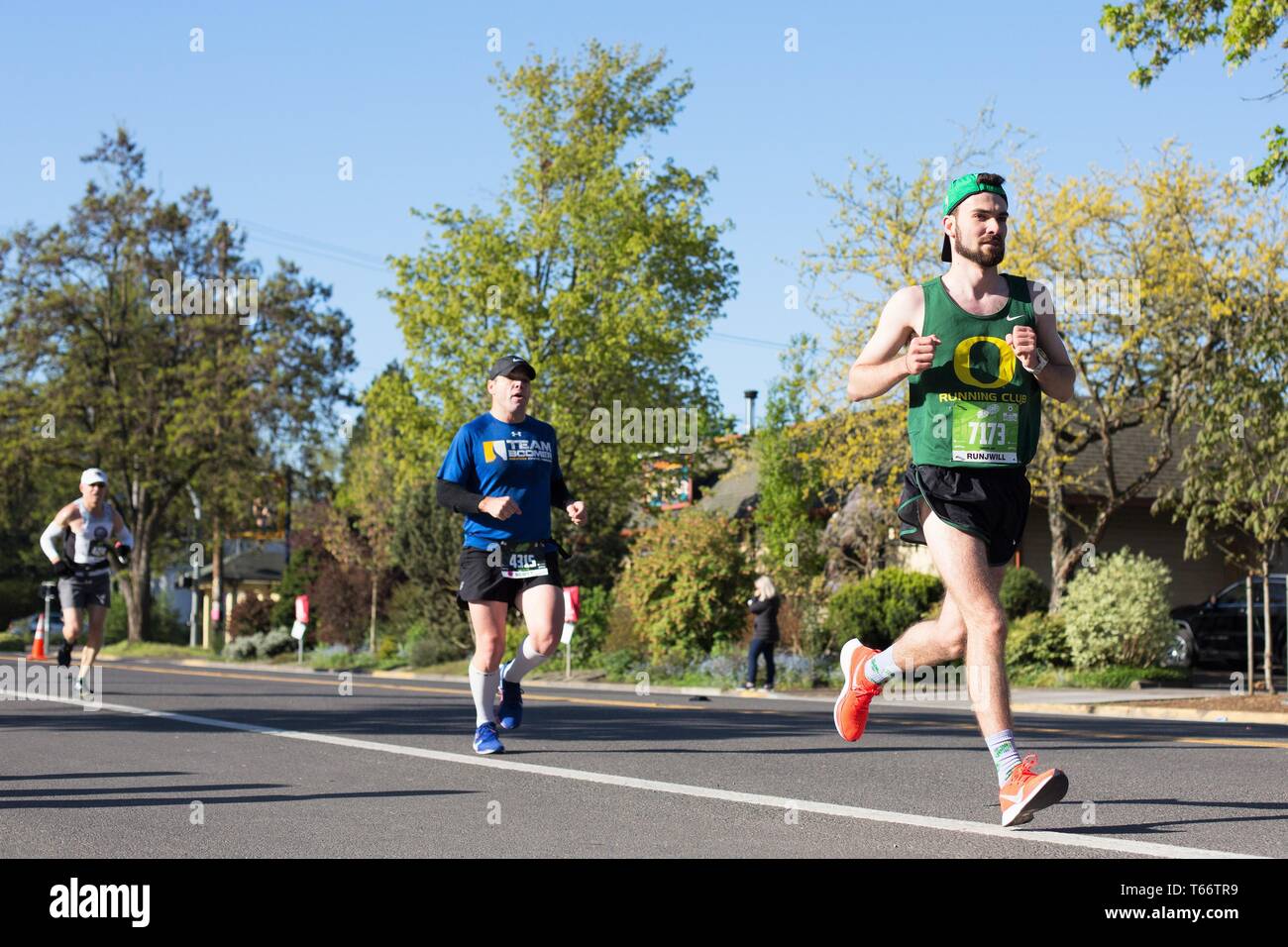Participants running in the 2019 Eugene Marathon in Eugene, Oregon, USA ...
