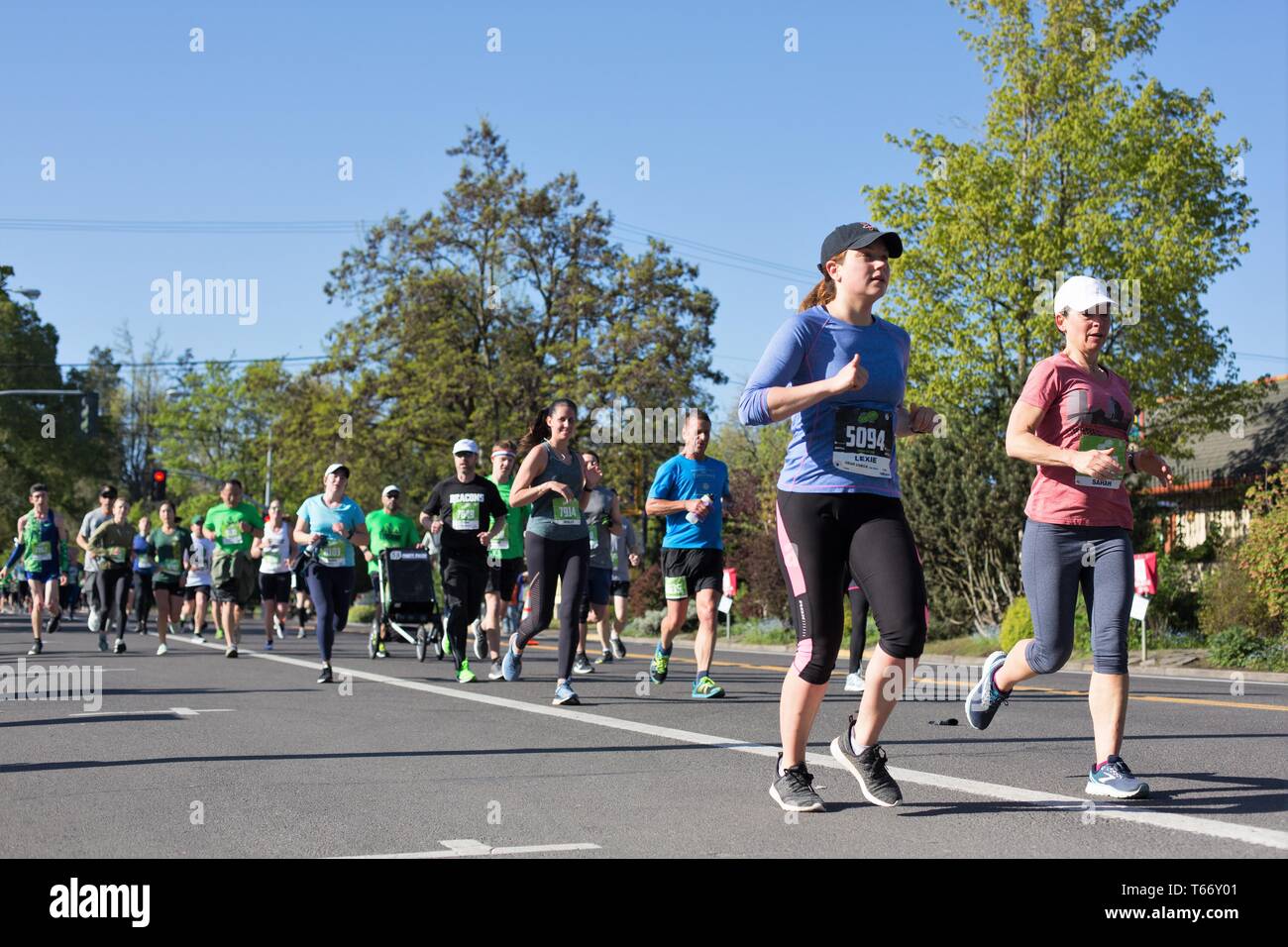 Participants running in the 2019 Eugene Marathon in Eugene, Oregon, USA ...