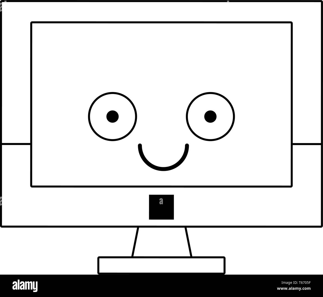 Computer screen cute cartoon in black and white Stock Vector Image ...