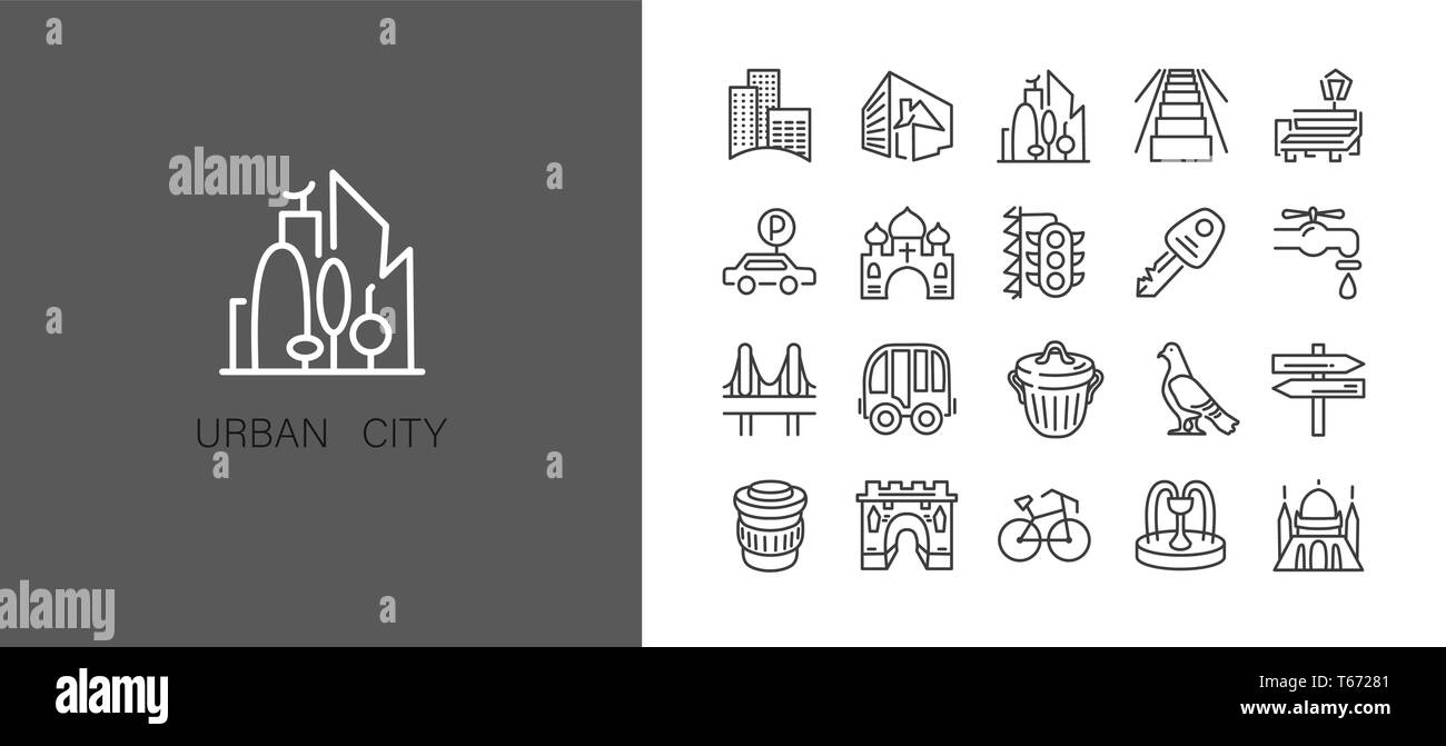 Urban and city element icon set in trendy simple line art style Stock ...