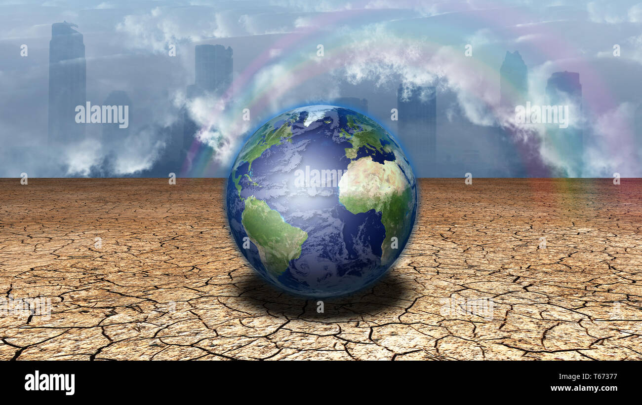 Earth sits in dried cracked mud before metropolis Stock Photo - Alamy