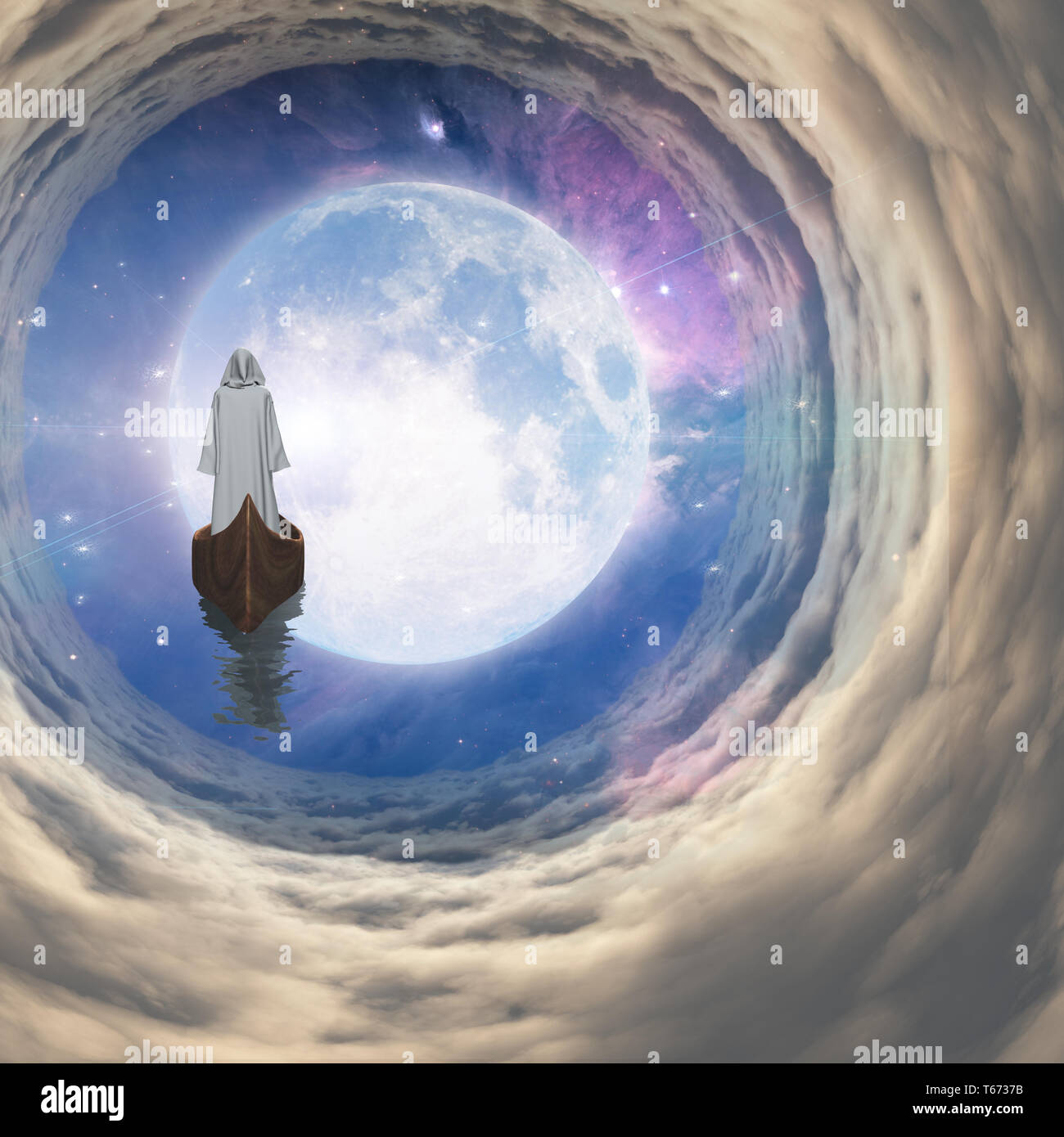 Figure in white robe floating to full moon in clouds tunnel Stock Photo ...