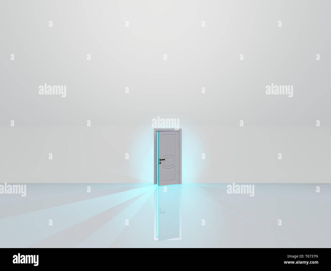 Partly opened door in white space glows with blue light Stock Photo - Alamy