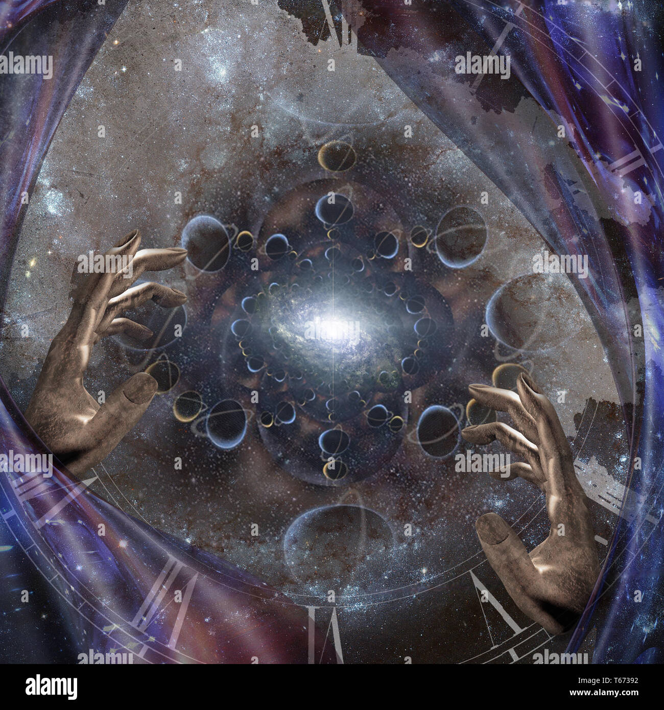 Surreal composition. Hands of Creator in space. Moment of Creation ...