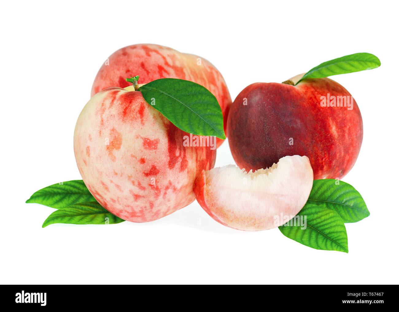 Fresh Peach Fruit with Cut and Green Leaves Isolated Stock Photo - Alamy