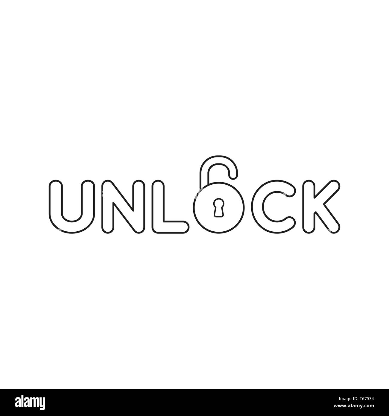 Vector icon concept of unlock text with opened padlock. Black outlines ...
