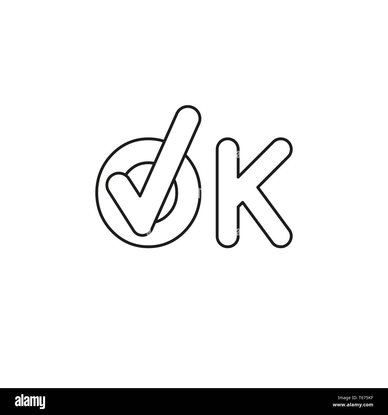 Vector icon concept of ok word text with check mark. Black outlines ...