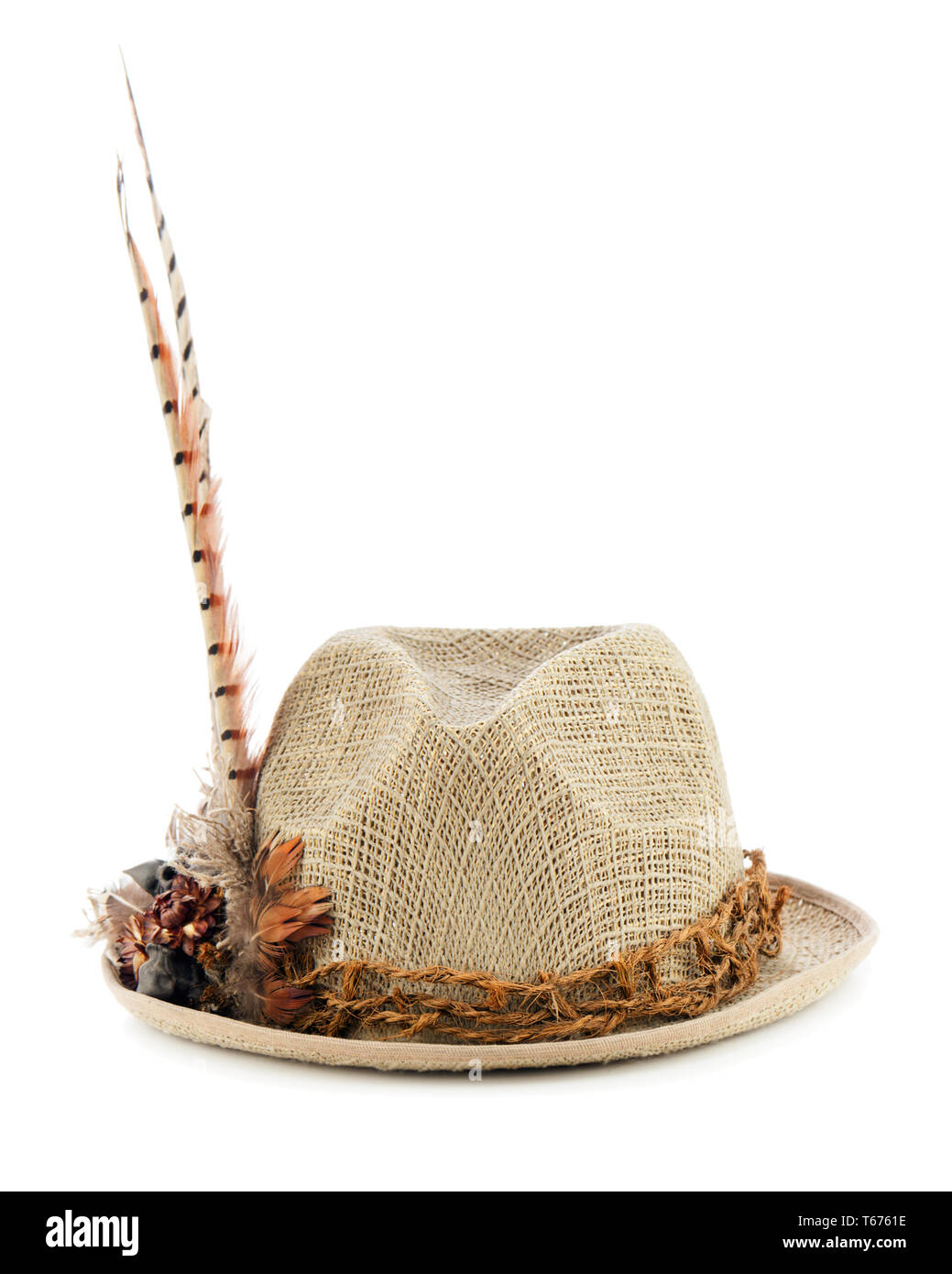 Hunting hat with pheasant feathers isolated on whi Stock Photo - Alamy