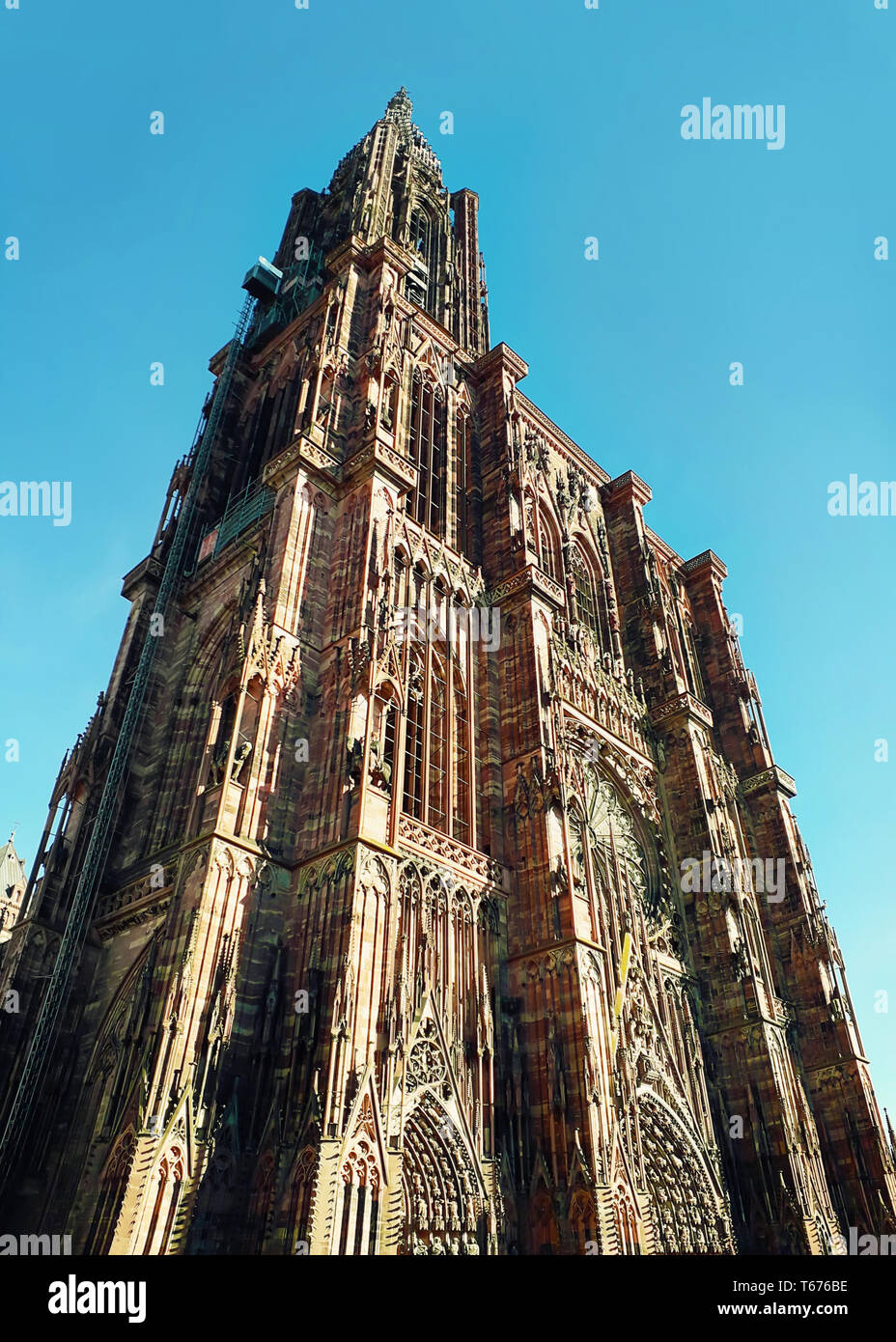 The tower of Roman Catholic Cathedral Notre Dame of Strasbourg in ...