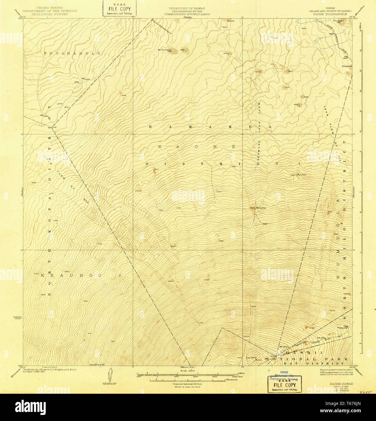 USGS TOPO Map Hawaii HI Kaohe 349865 1930 62500 Restoration Stock Photo ...