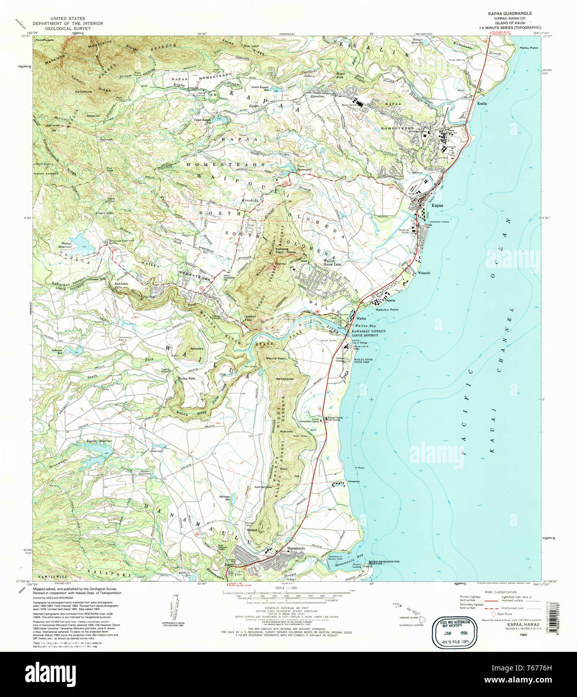 USGS TOPO Map Hawaii HI Kapaa 349382 1983 24000 Restoration Stock Photo ...