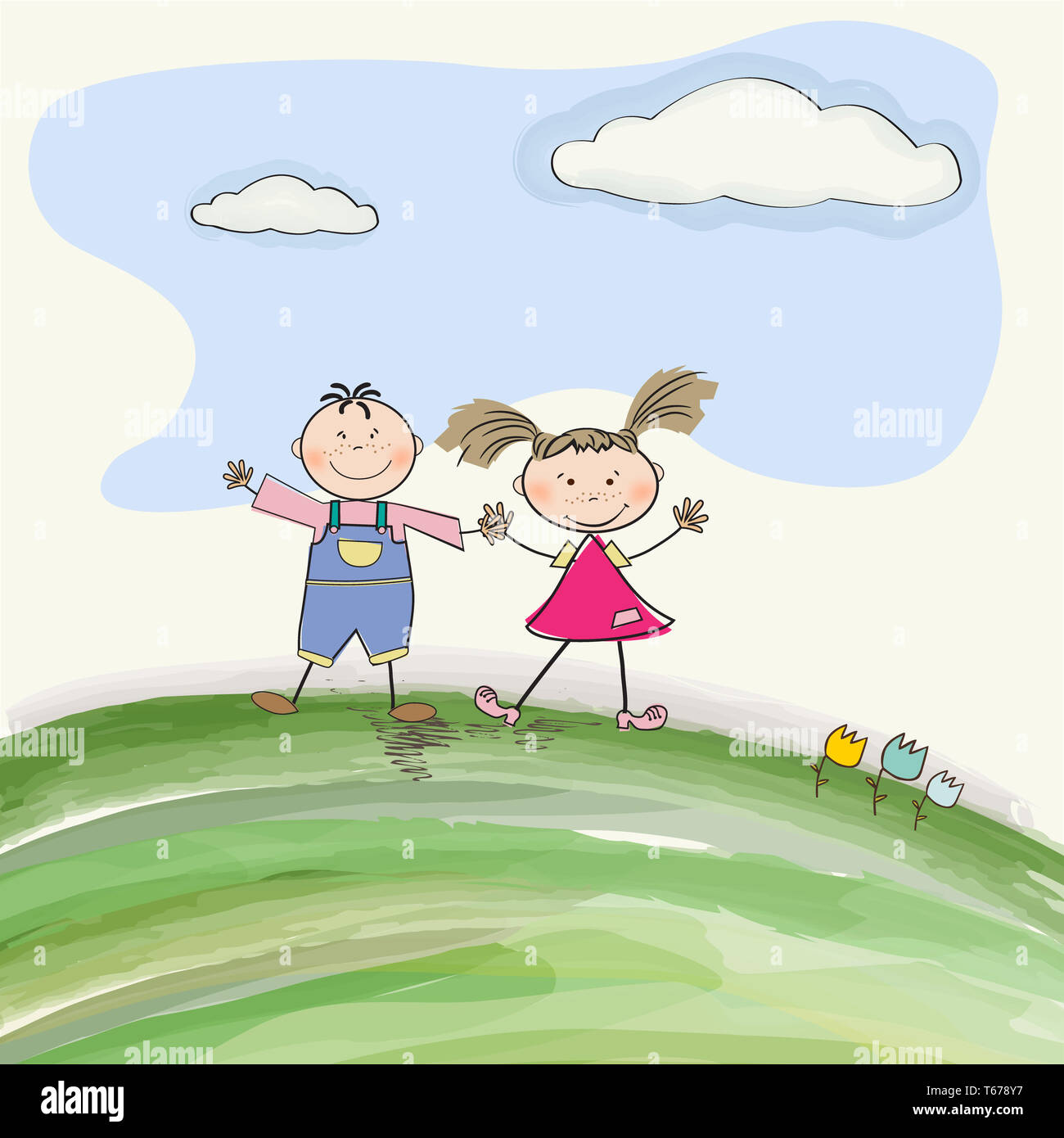 two happy kids on a meadow Stock Photo - Alamy