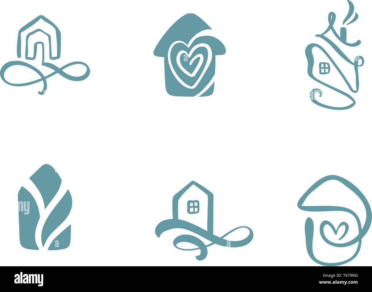 Set of simple calligraphy houses hand drawn logo. Real Vector Icons ...