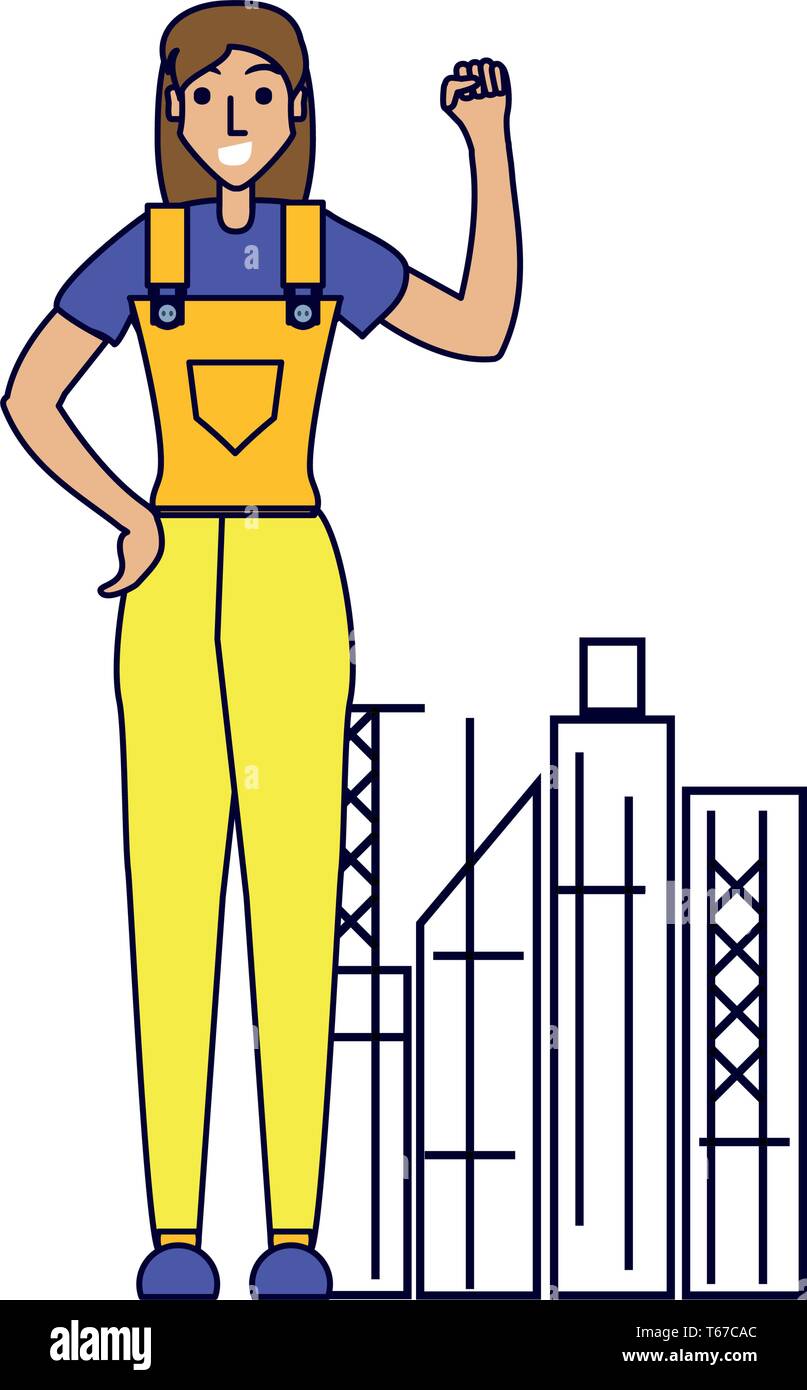 worker construction woman with cityscape vector illustration design ...